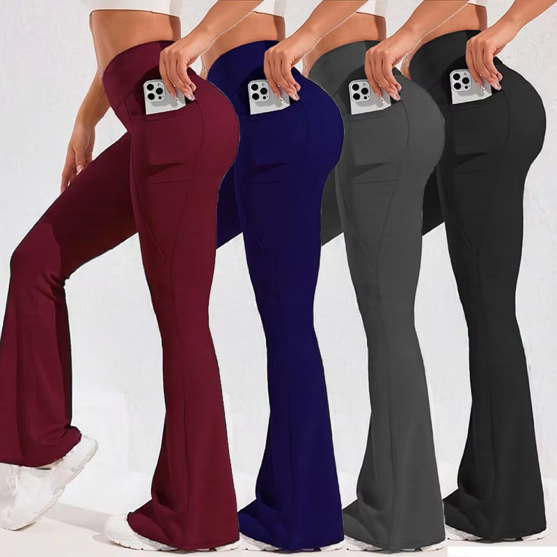 High Waist Flare Leg Yoga Pants with Pocket Push up Butt Running Tight ...